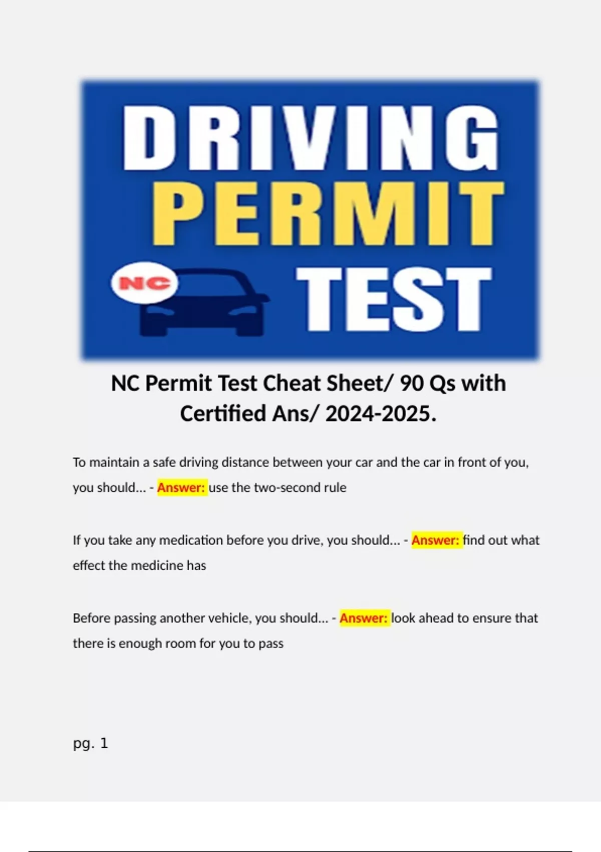 NC Permit Test Cheat Sheet/ 90 Qs with Certified Ans/ . - NC Permit ...