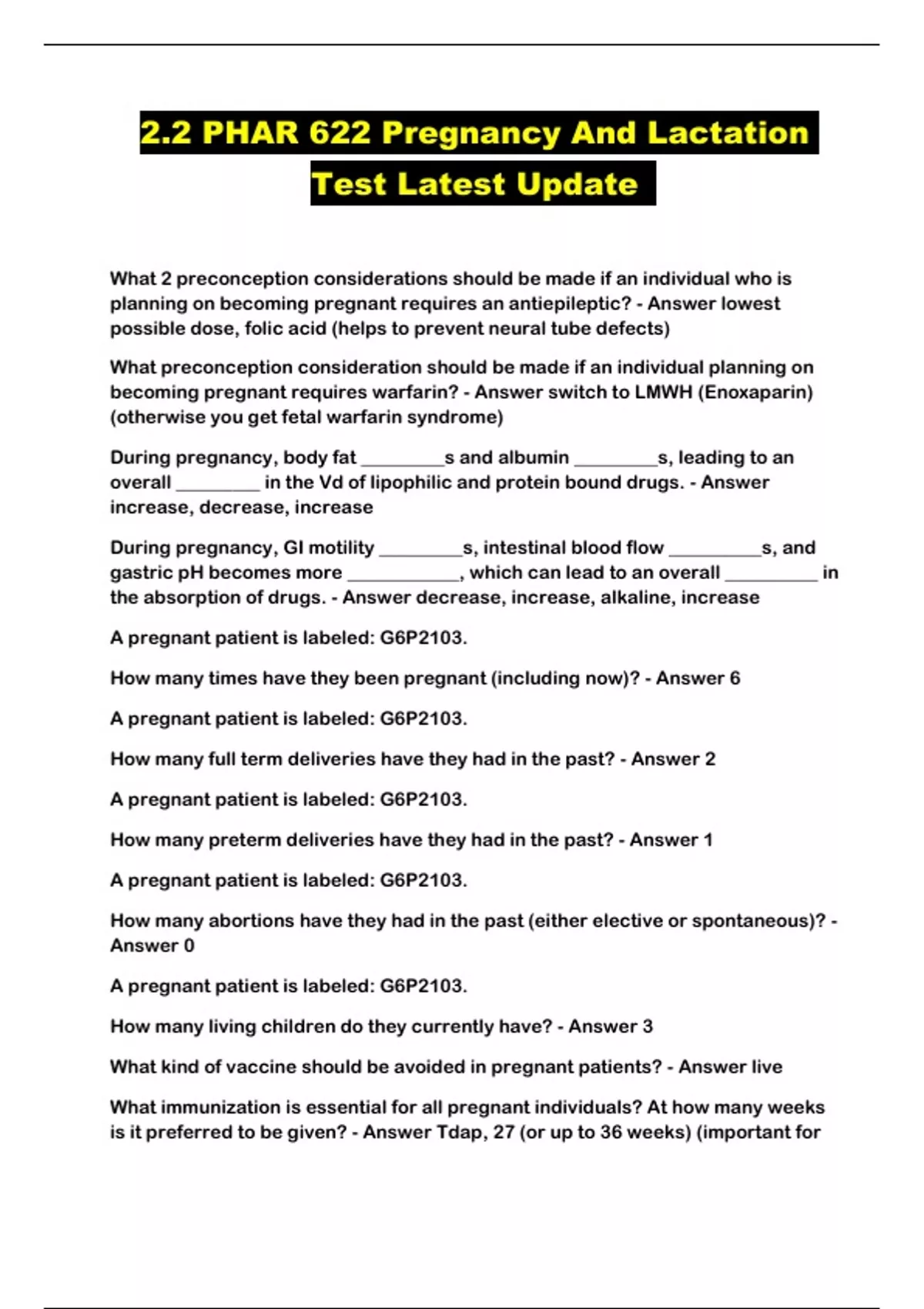 2.2 PHAR 622 Pregnancy And Lactation Test Latest Update - 2.2 PHAR 622 ...