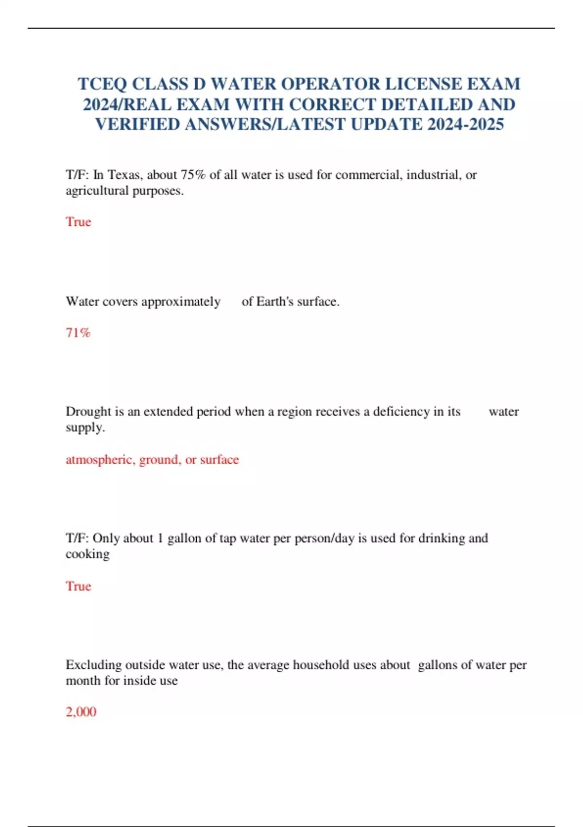 TCEQ CLASS D WATER OPERATOR LICENSE EXAM 2024/REAL EXAM WITH CORRECT ...
