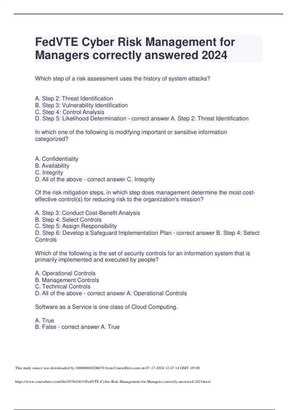 FedVTE Cyber Risk Management for Managers correctly answered 2024 ...