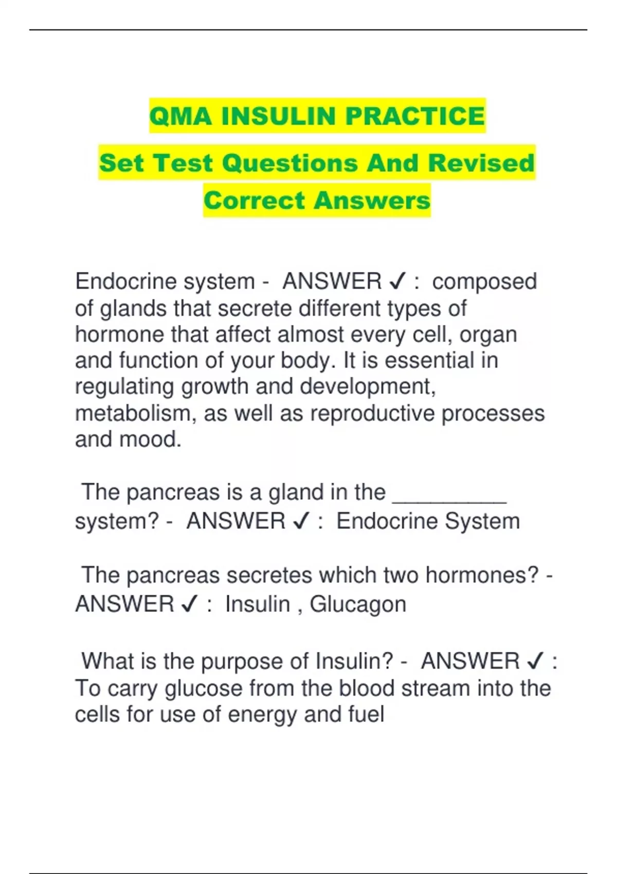 QMA INSULIN PRACTICE Set Test Questions And Revised Correct Answers ...