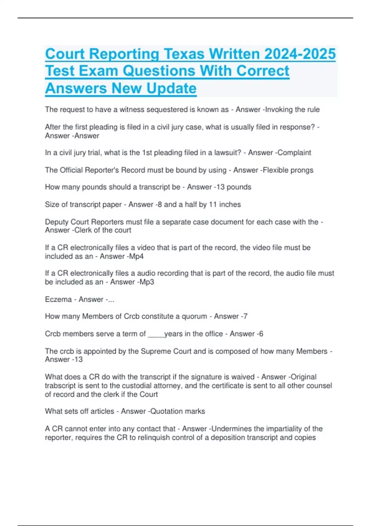Court Reporting Texas Written Test Exam Questions With Correct Answers ...