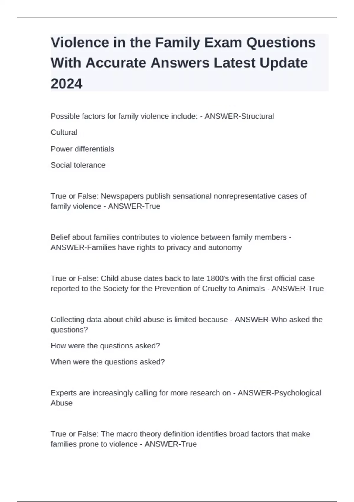 Violence in the Family Exam Questions With Accurate Answers Latest ...