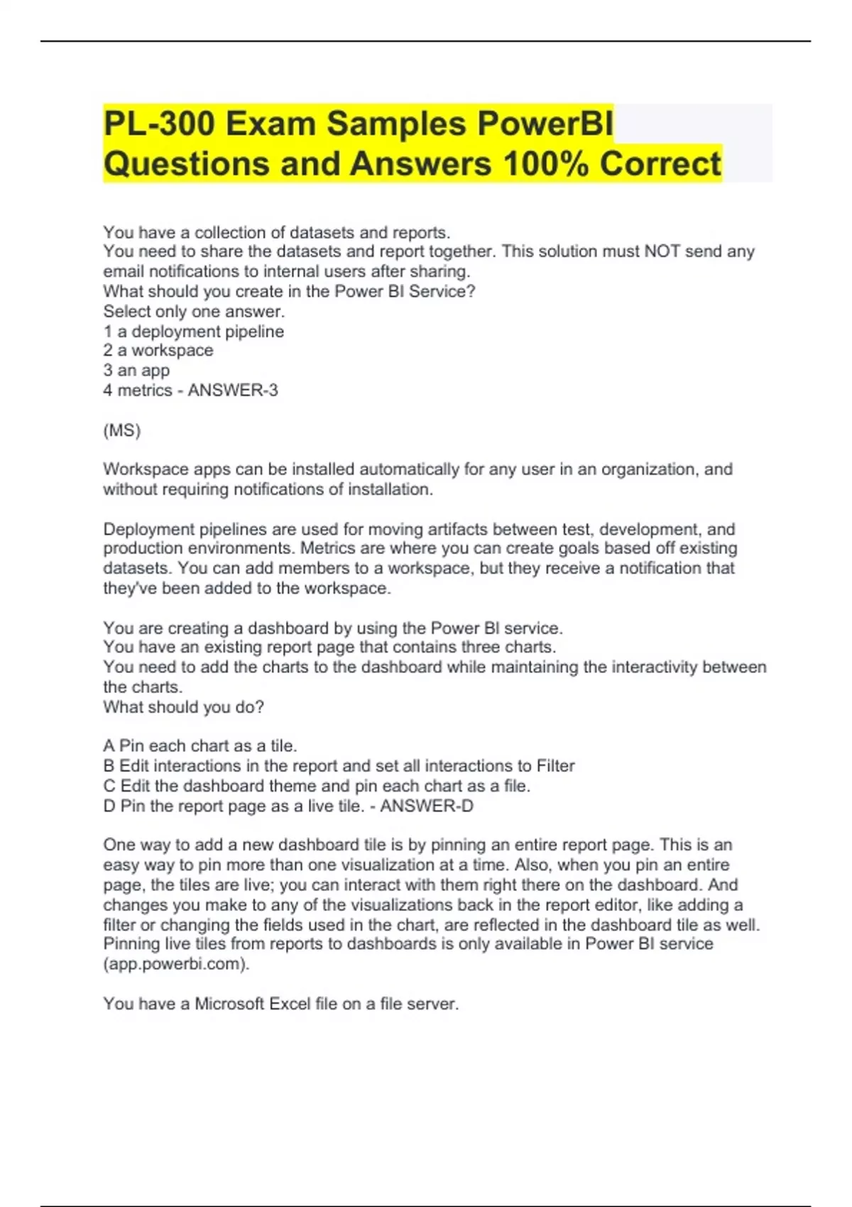 PL-300 Exam Samples PowerBI Questions and Answers 100% Correct - PL-300 ...