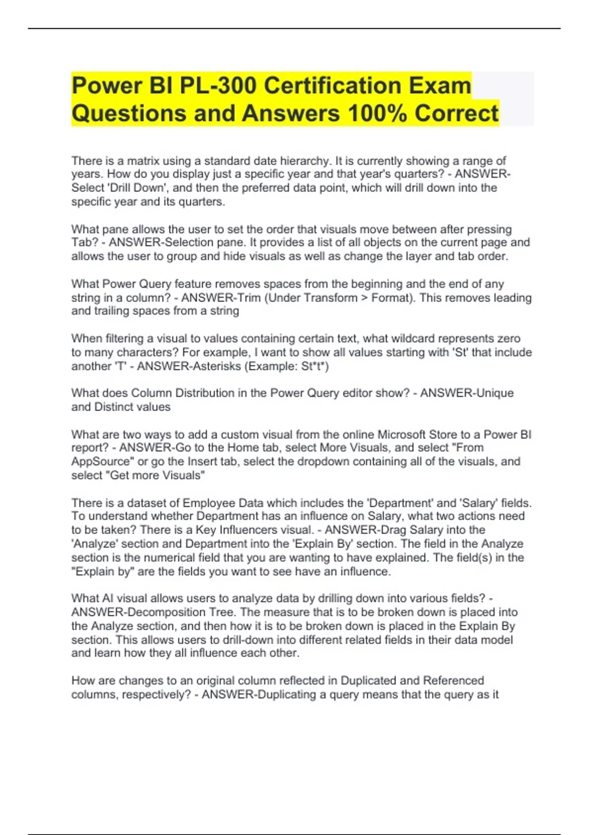 Power BI PL-300 Certification Exam Questions and Answers 100% Correct ...