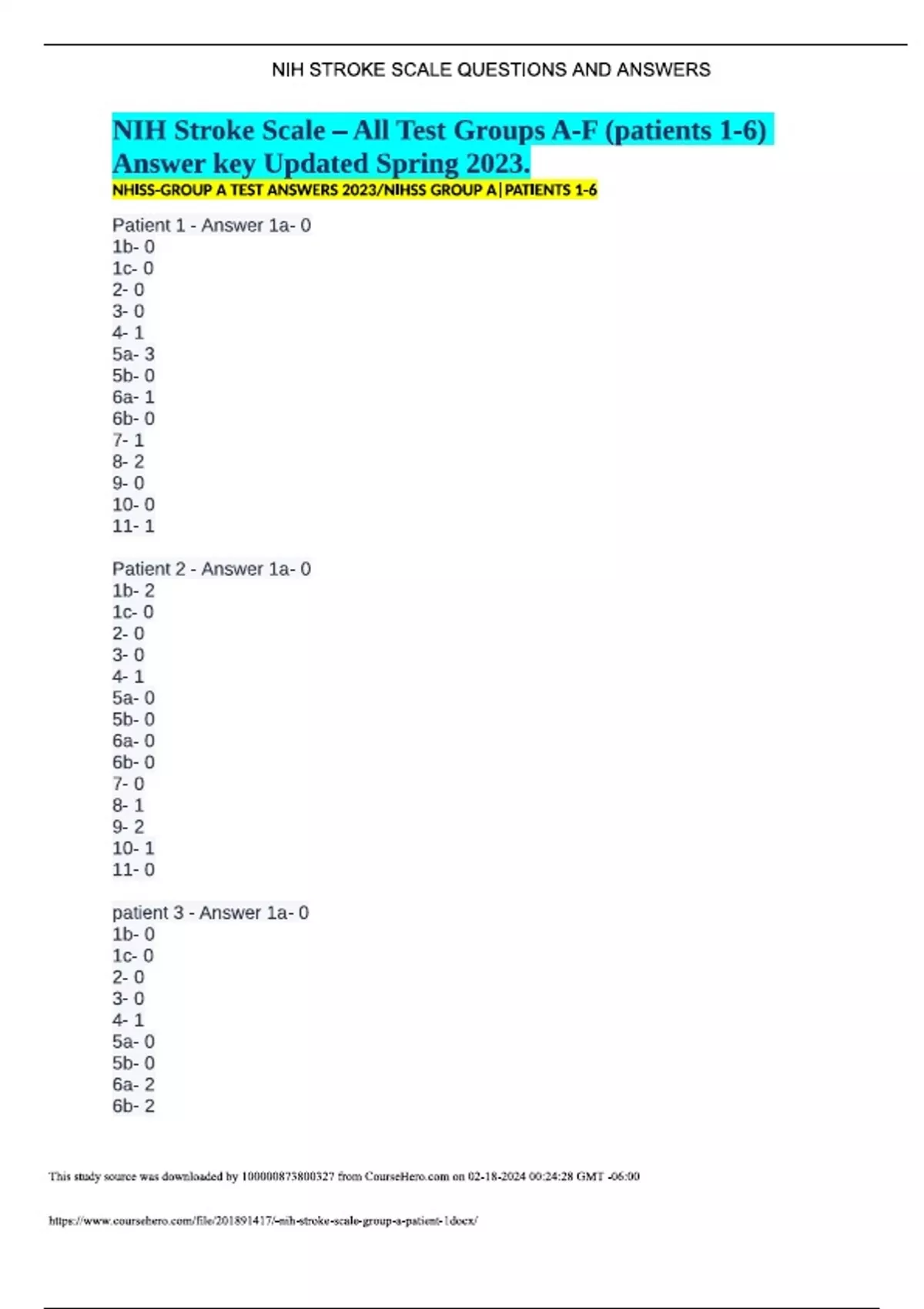 NIH Stroke Scale – All Test Groups A-F (patients 1-6) Answer key ...