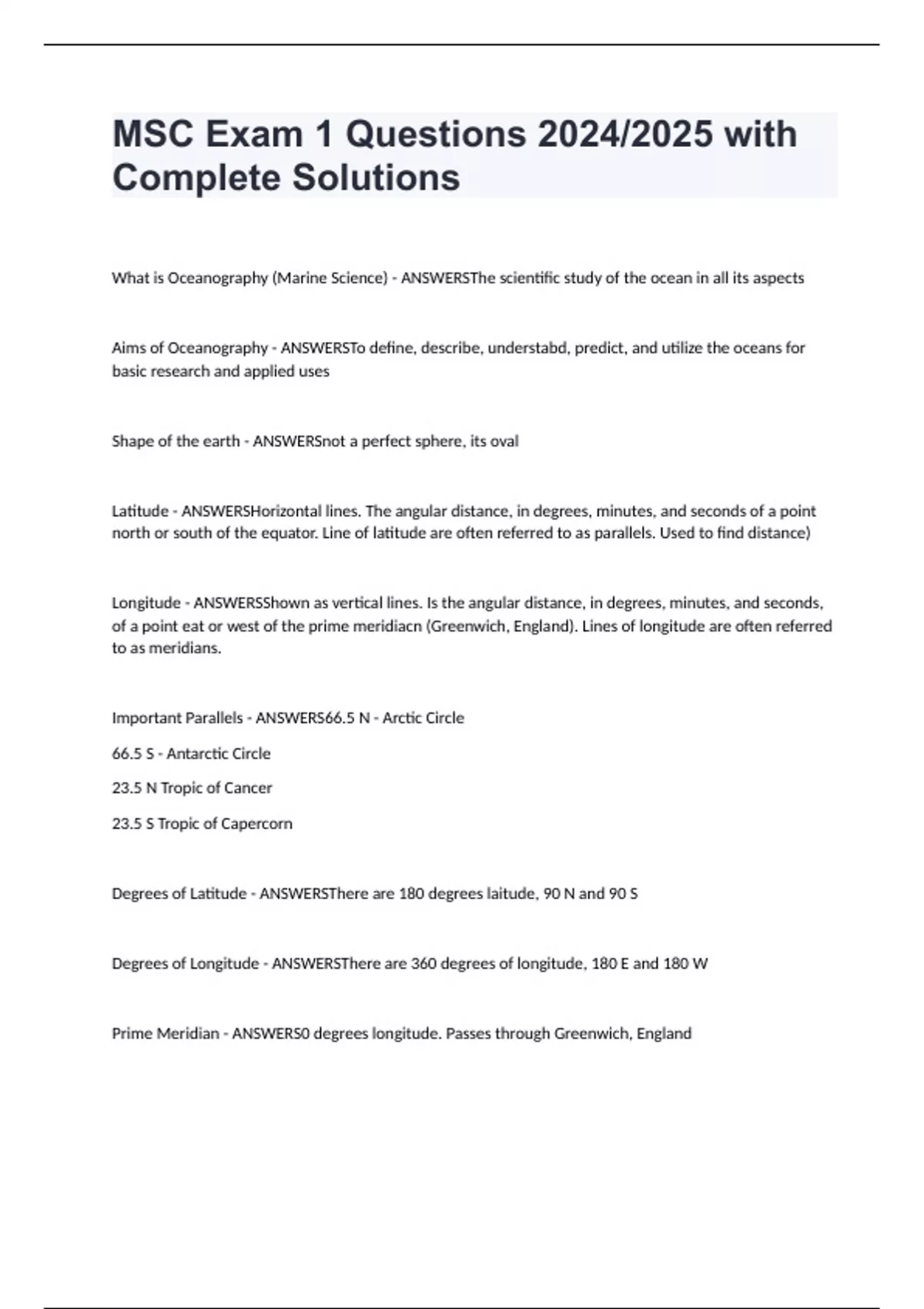 MSC Exam 1 Questions 2024/2025 with Complete Solutions - MSC - Stuvia US