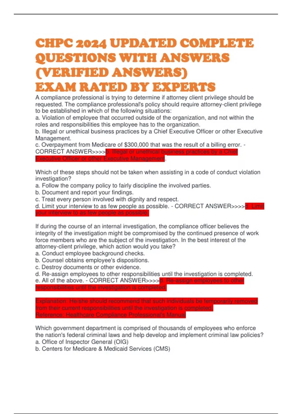 CHPC 2024 UPDATED COMPLETE QUESTIONS WITH ANSWERS (VERIFIED ANSWERS) EXAM RATED BY EXPERTS ...