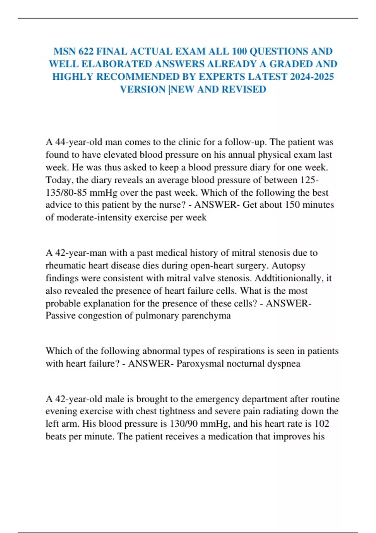 MSN 622 FINAL ACTUAL EXAM ALL 100 QUESTIONS AND WELL ELABORATED ANSWERS ...