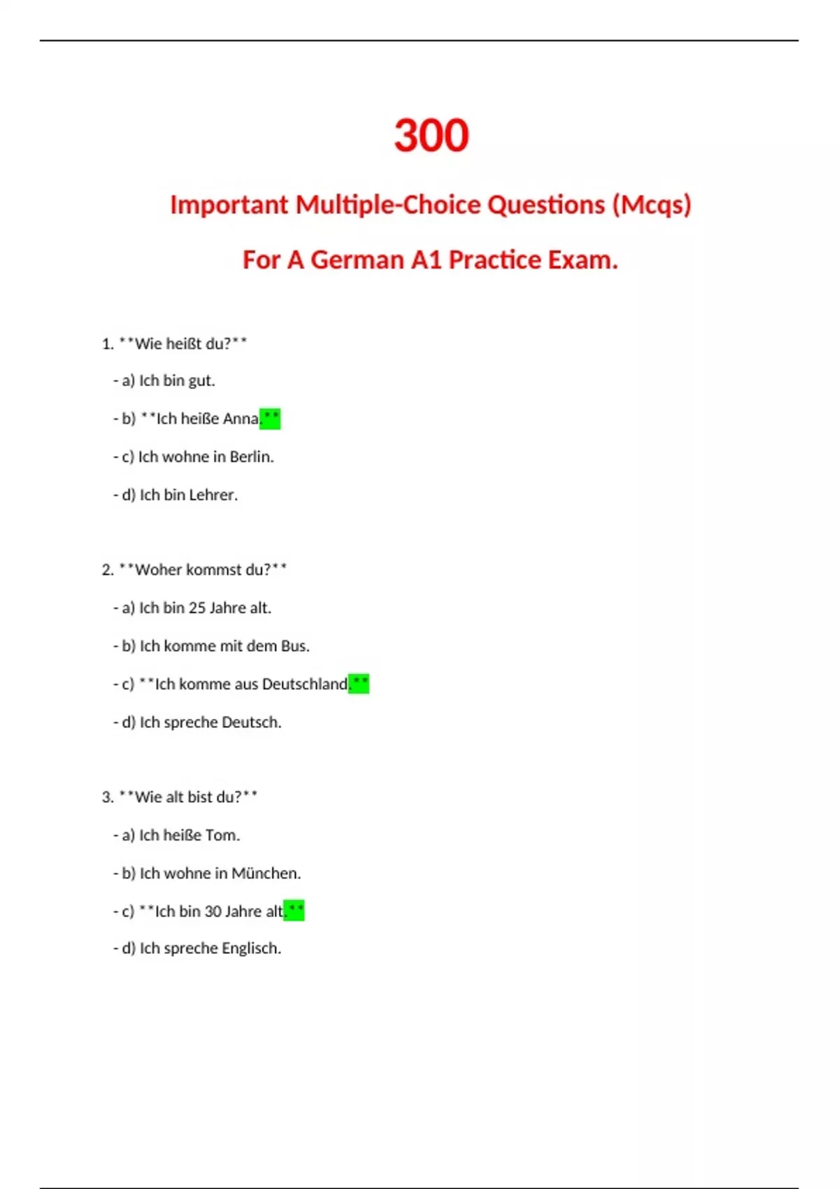 300 MCQs with Highlighted Correct Answers for German A1 Practice Exam ...