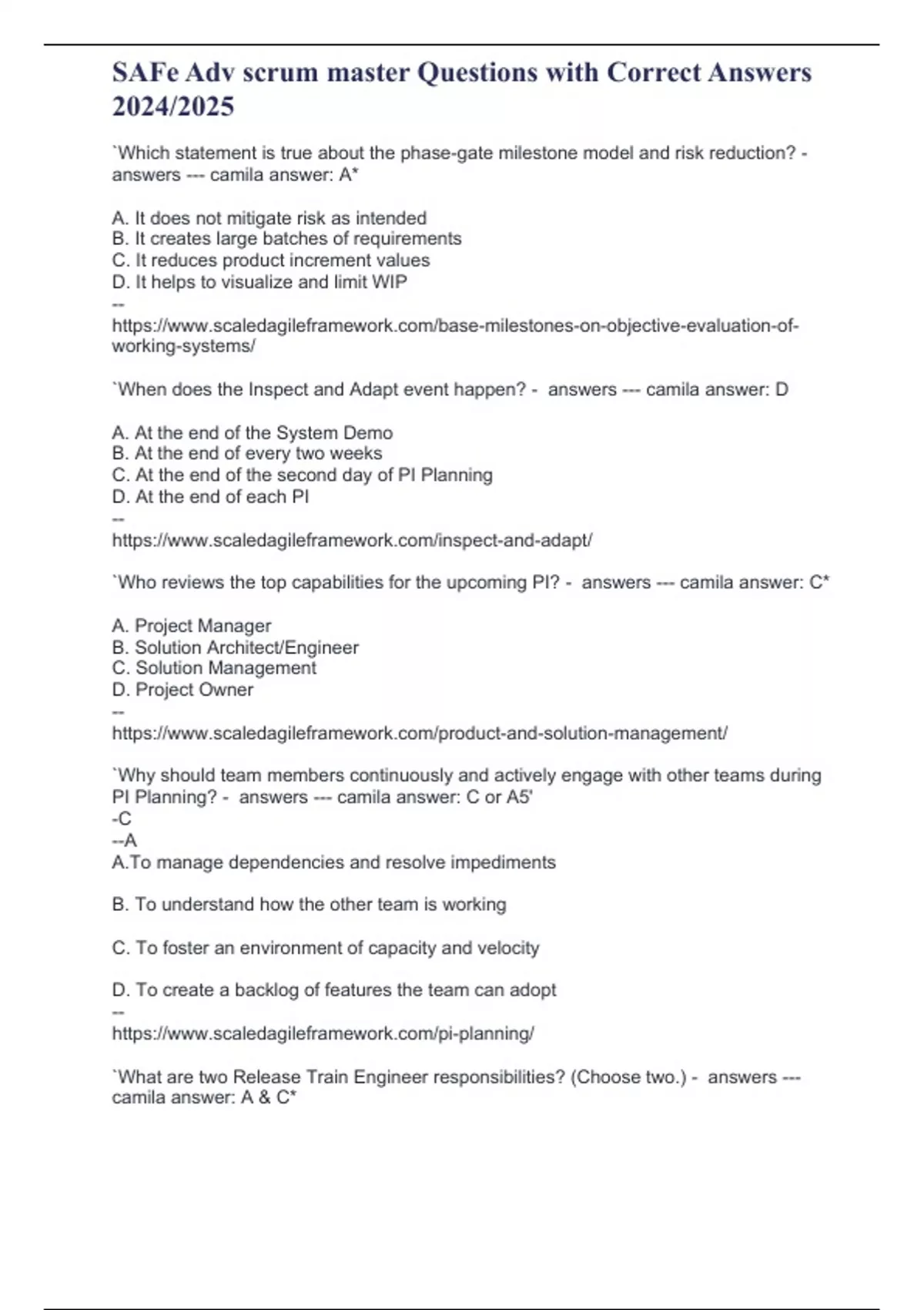 SAFe Adv scrum master Questions with Correct Answers 2024/2025 - SAFe ...