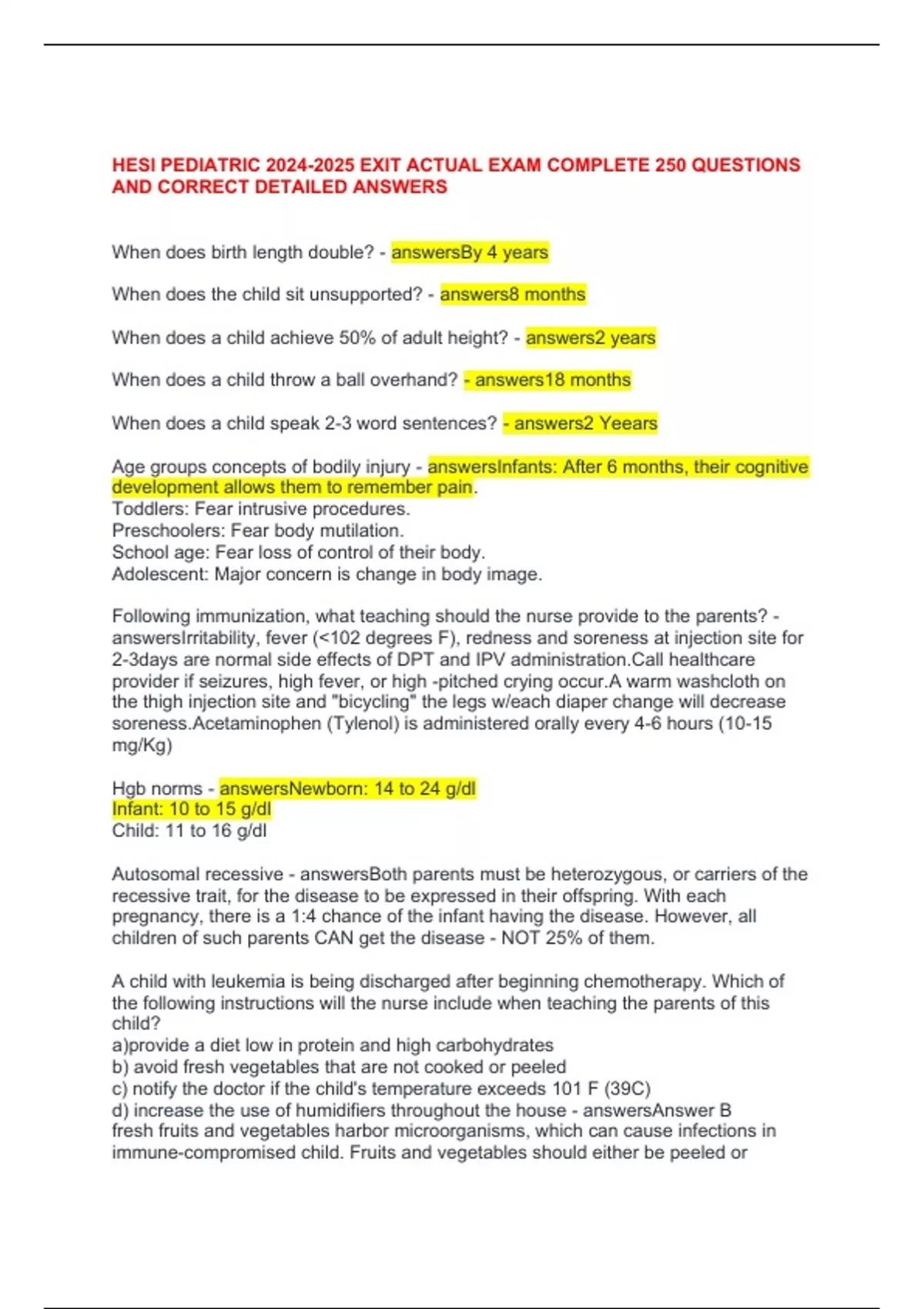 HESI PEDIATRIC 2024 - HESI PEDIATRIC - Stuvia US