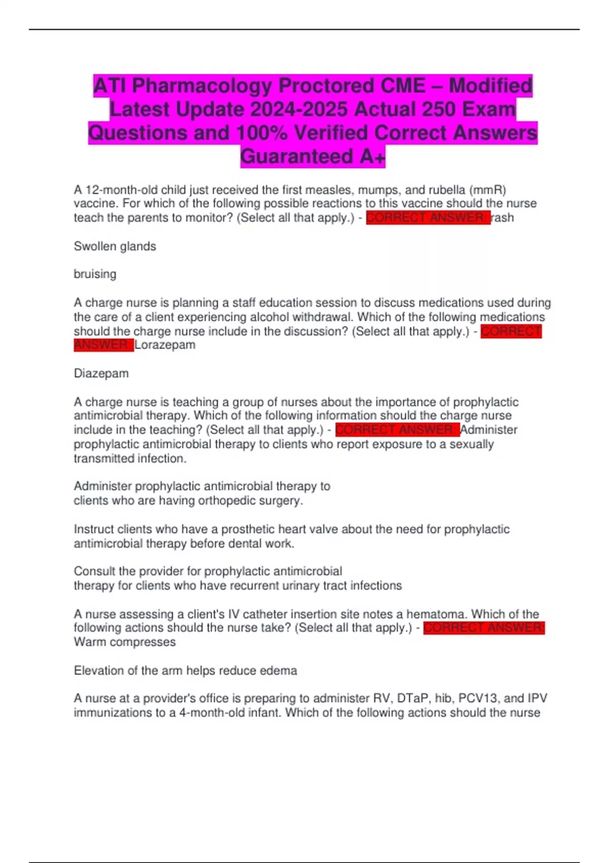 ATI Pharmacology Proctored CME – Modified Latest Update Actual 250 Exam ...