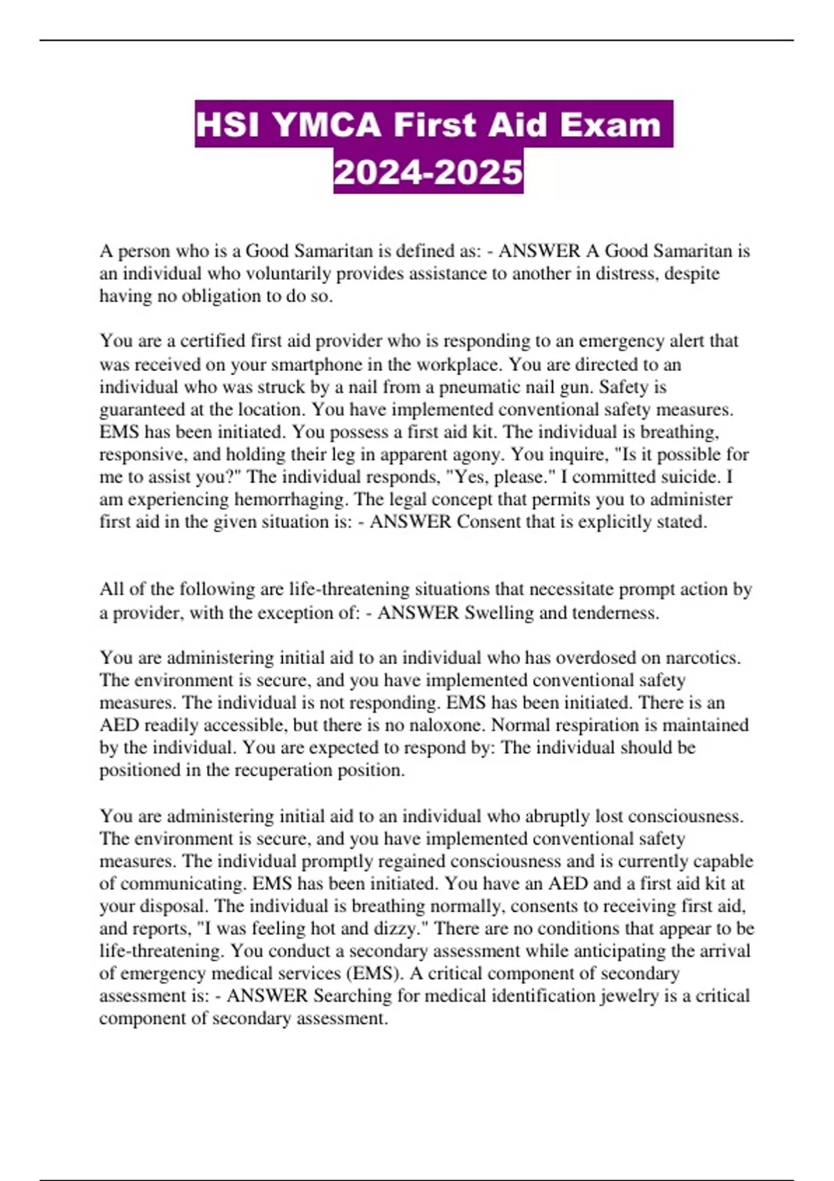 HSI YMCA First Aid Exam - HSI YMCA First Aid - Stuvia US