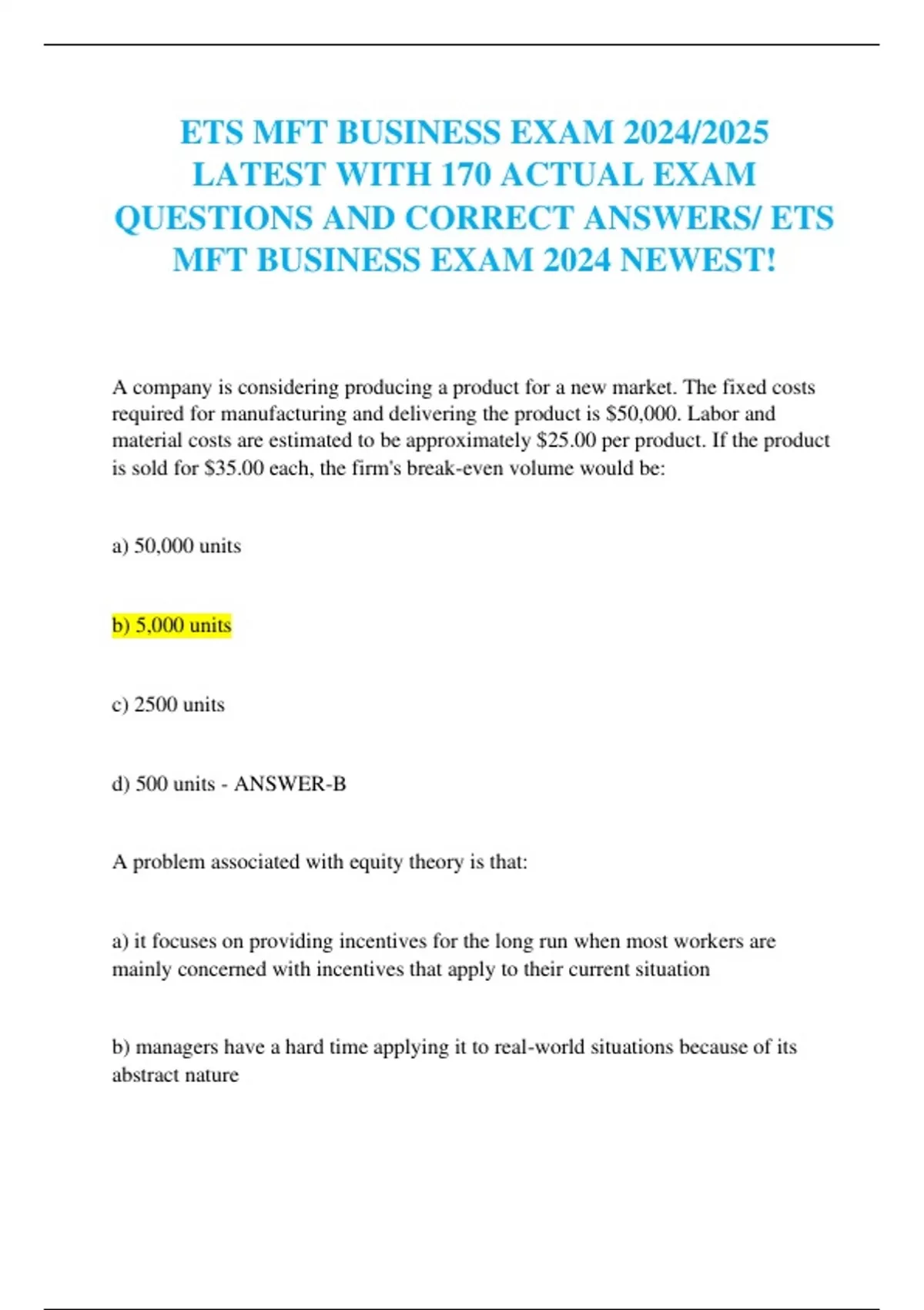 ETS MFT BUSINESS EXAM 2024/2025 LATEST WITH 200+ ACTUAL EXAM QUESTIONS ...