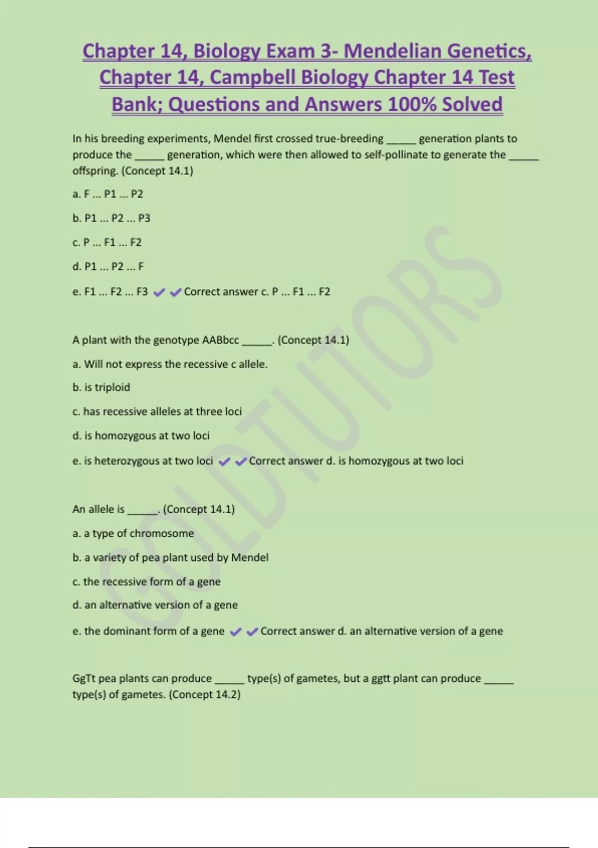 Chapter 14, Biology Exam 3- Mendelian Genetics, Chapter 14, Campbell ...