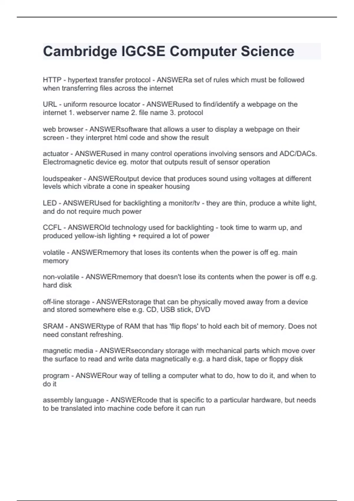 Cambridge IGCSE Computer Science.Review questions with correct answers 2024 - COMPUTER SCIENCE ...