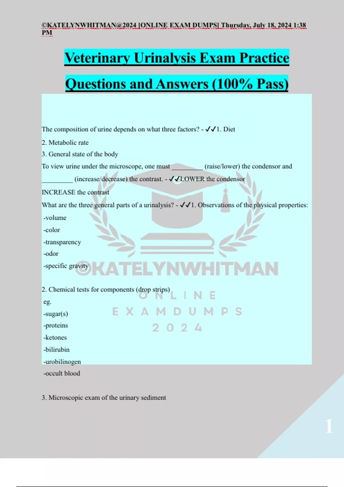 Veterinary Urinalysis Exam Practice Questions and Answers (100% Pass ...