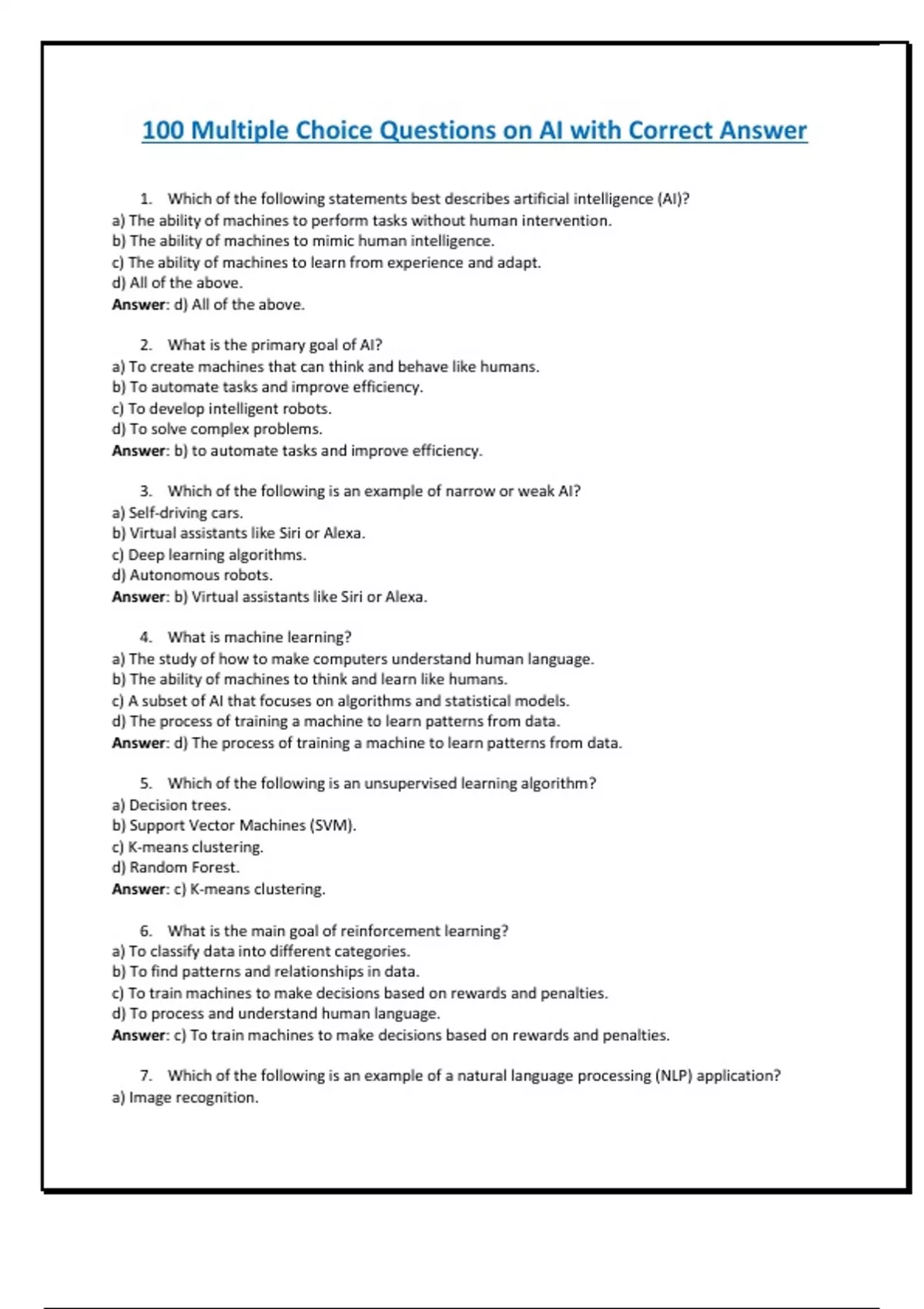 100 Multiple Choice Questions on AI with Correct Answer - AI - Stuvia US