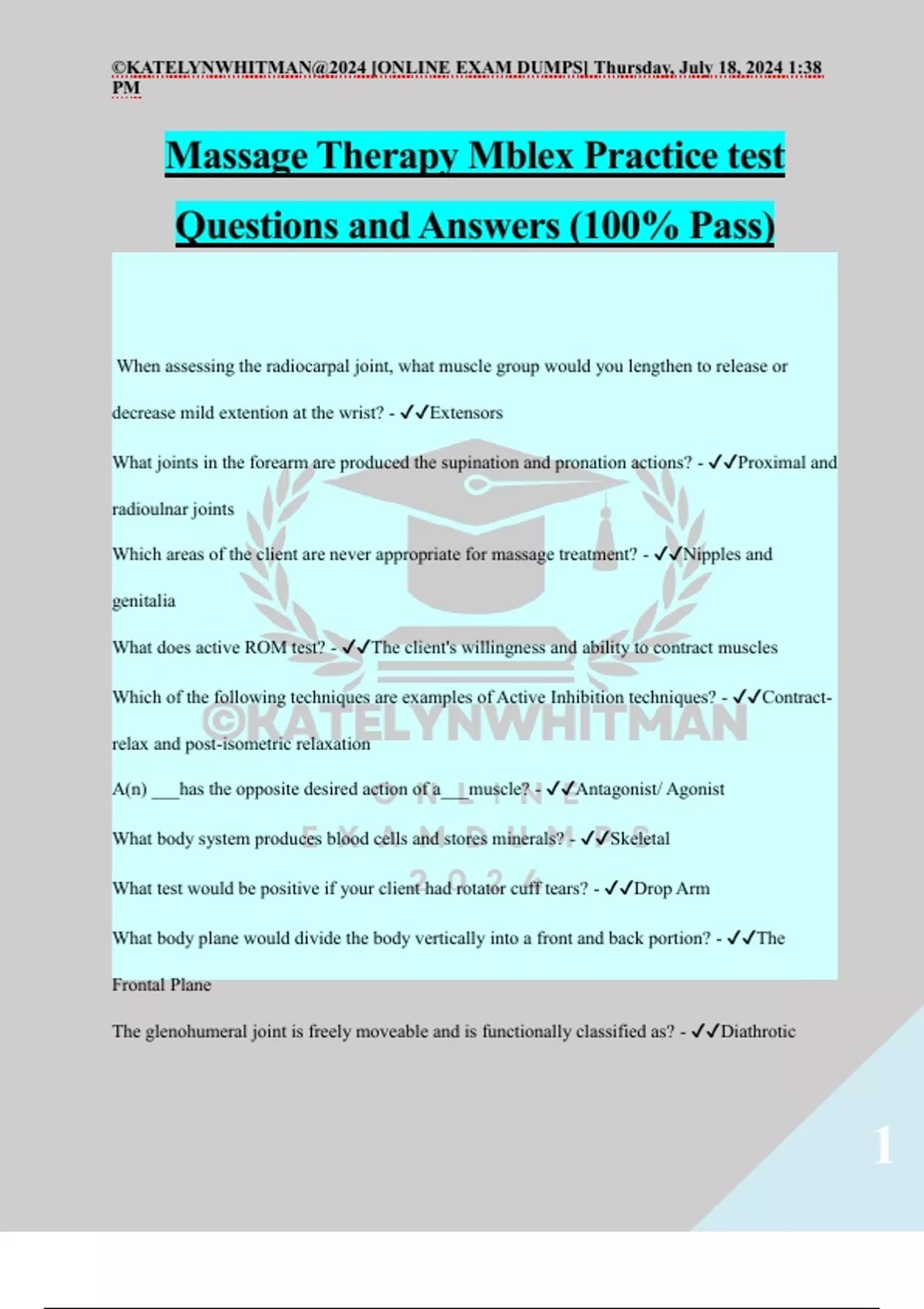 Massage Therapy Mblex Practice test Questions and Answers (100% Pass ...