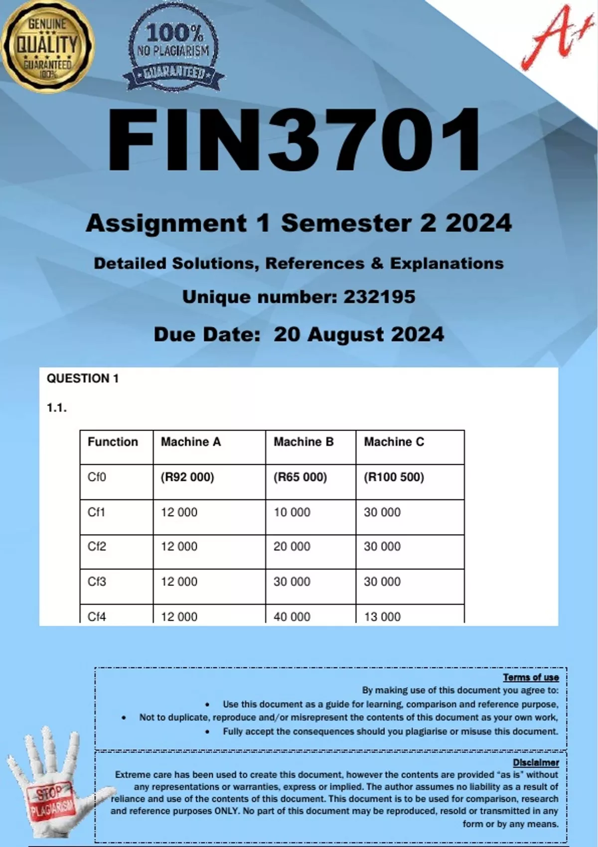 FIN3701 Assignment 1 (COMPLETE ANSWERS) Semester 2 2024 (232195) - DUE ...