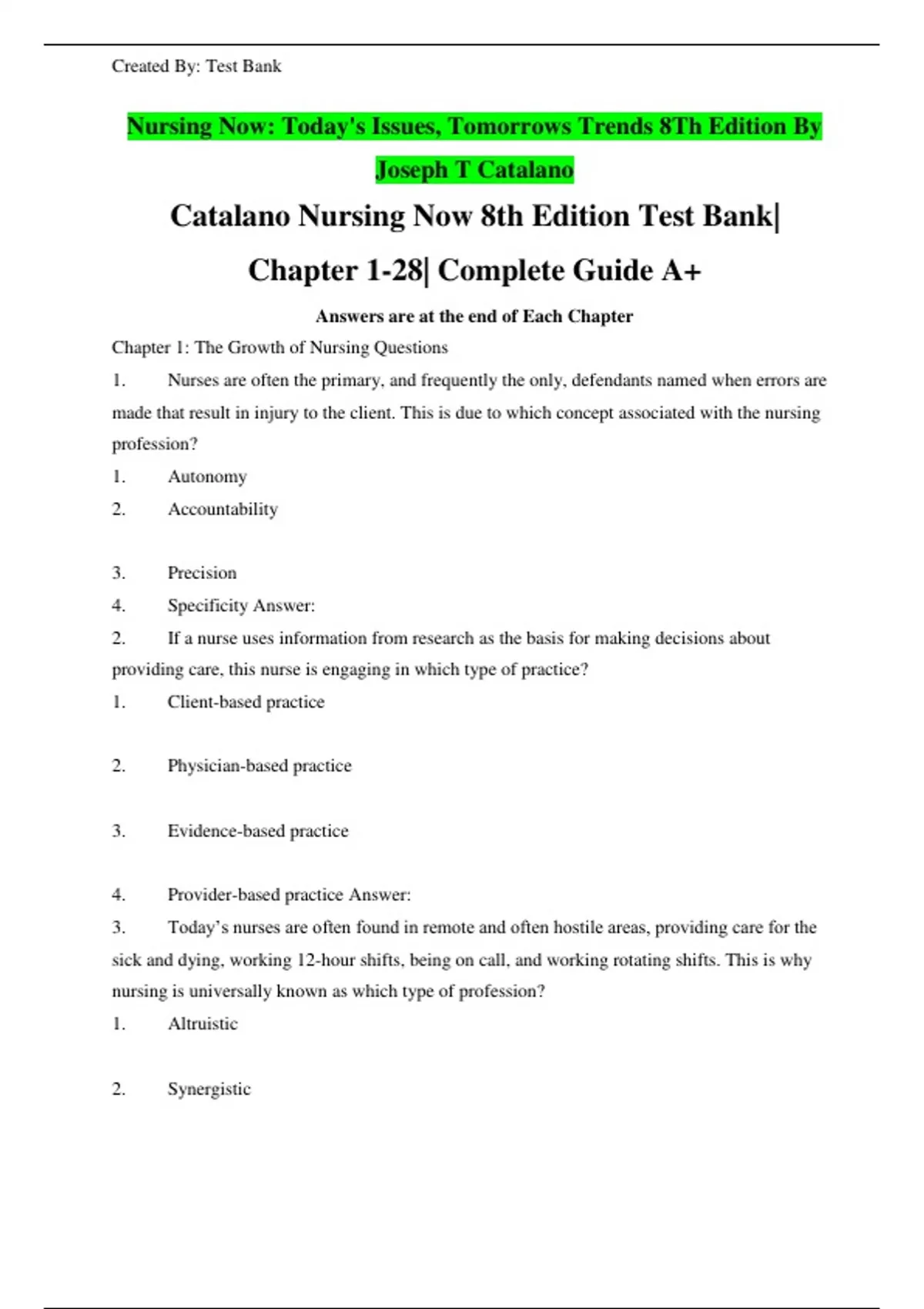 TEST BANK For Nursing Now 8th Edition By Catalano || All Chapters ( 1 ...