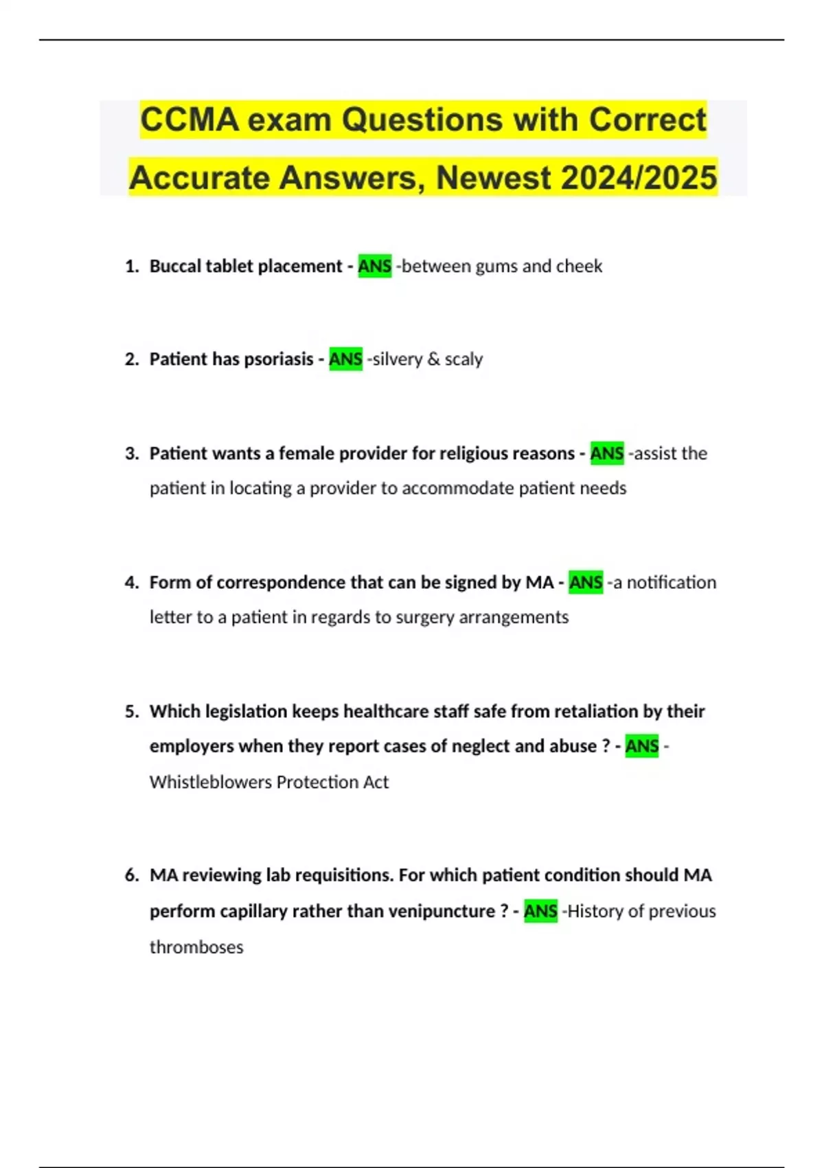 CCMA exam Questions with Correct Accurate Answers, Newest 2024/2025 ...