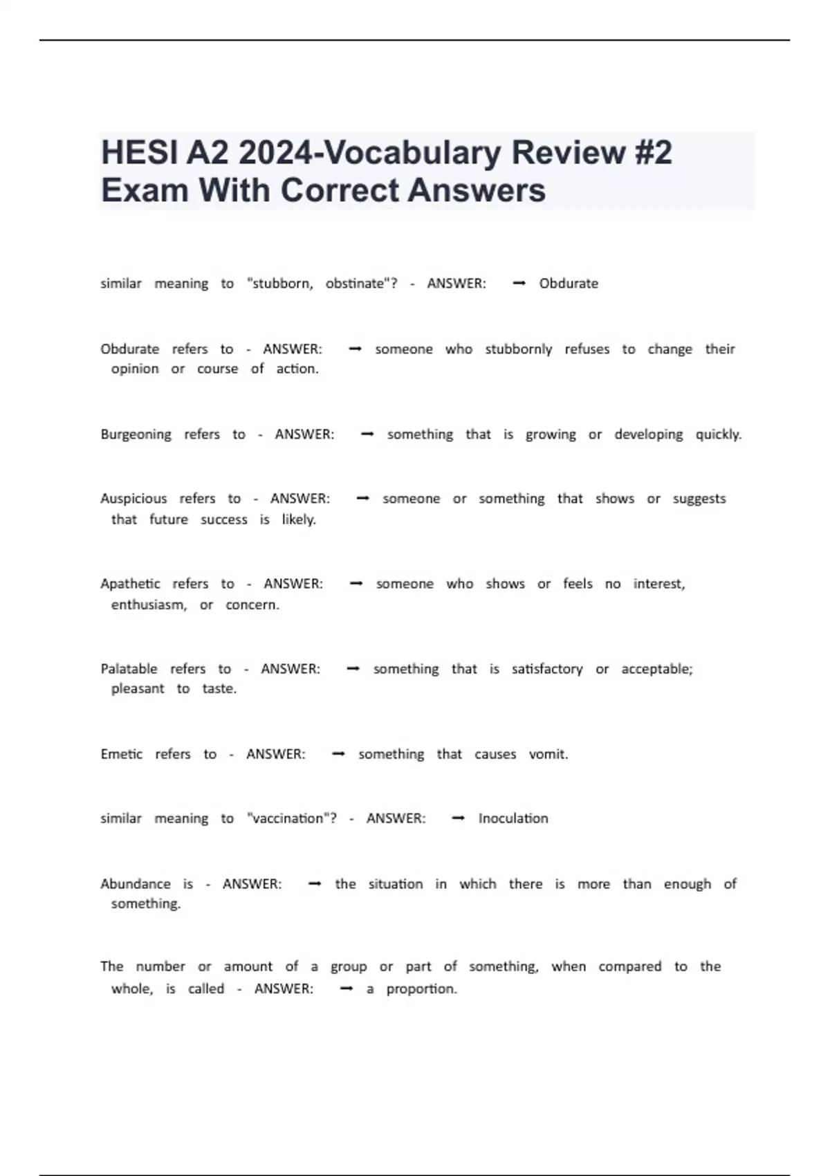 HESI A2 2024-Vocabulary Review -2 Exam With Correct Answers - HESI ...