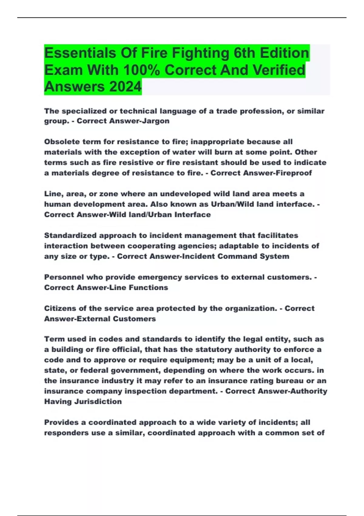 Essentials Of Fire Fighting 6th Edition Exam With 100% Correct And ...