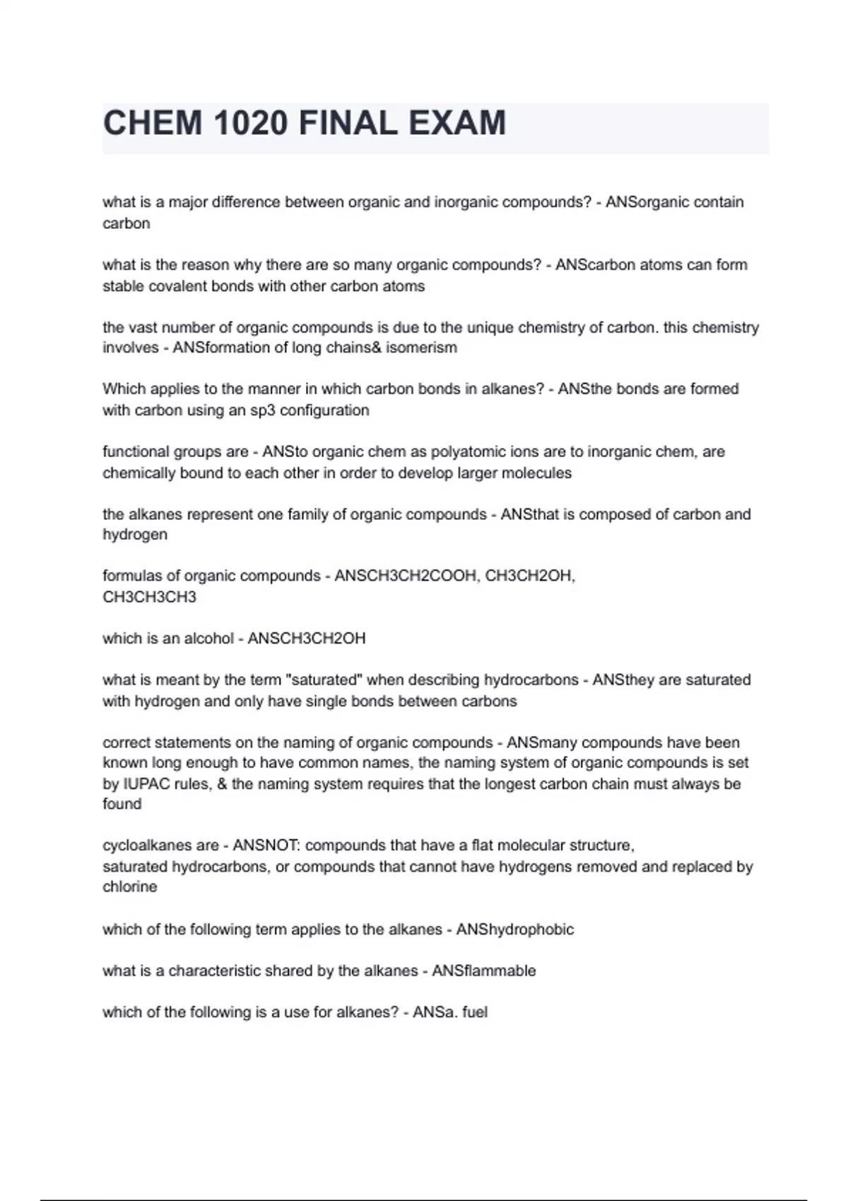 CHEM 1020 FINAL EXAM NEWEST 2026/2027 ACTUAL EXAM COMPLETE QUESTIONS ...