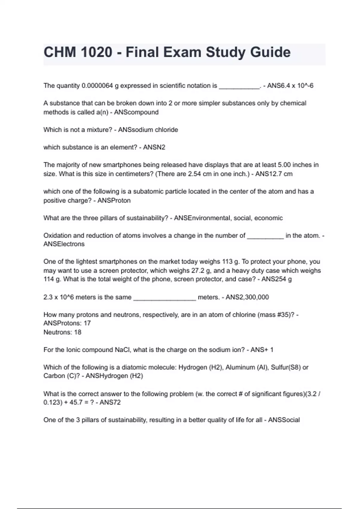 CHM 1020 - Final Exam Study Guide NEWEST 2026/2027 ACTUAL EXAM COMPLETE QUESTIONS AND CORRECT ...