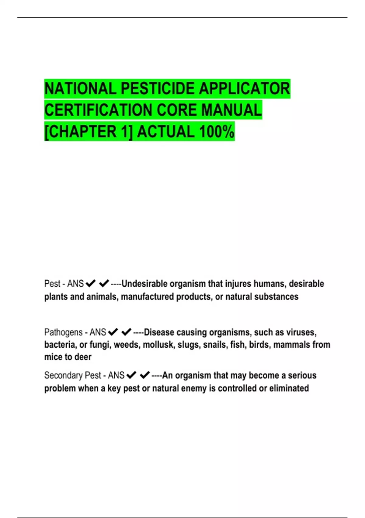 NATIONAL PESTICIDE APPLICATOR CERTIFICATION CORE MANUAL [CHAPTER 1] ACTUAL 100% - NATIONAL ...