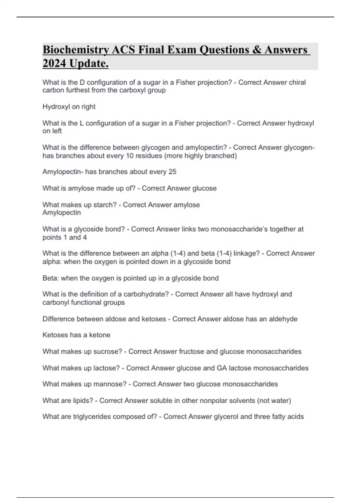 Biochemistry ACS Final Exam Questions & Answers 2024 Update ...