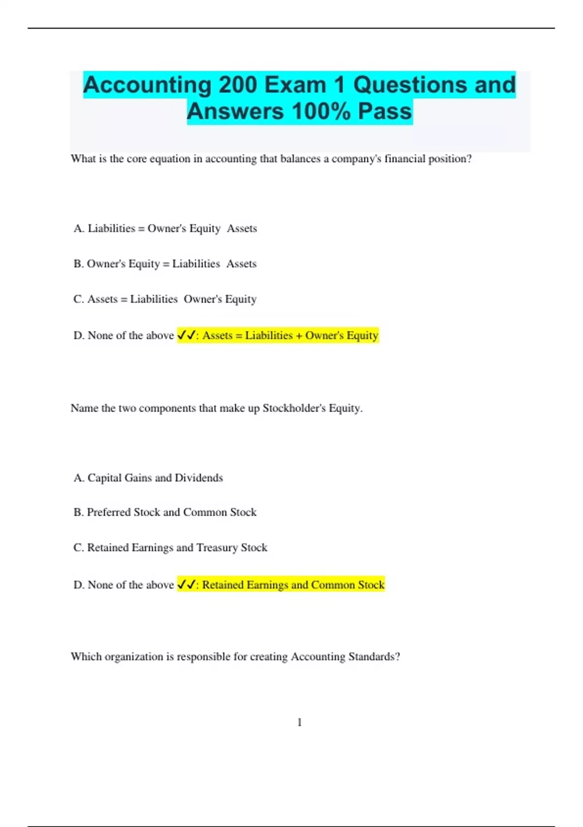 Accounting 200 Exam 1 Questions and Answers 100% Pass - Accounting 200 ...