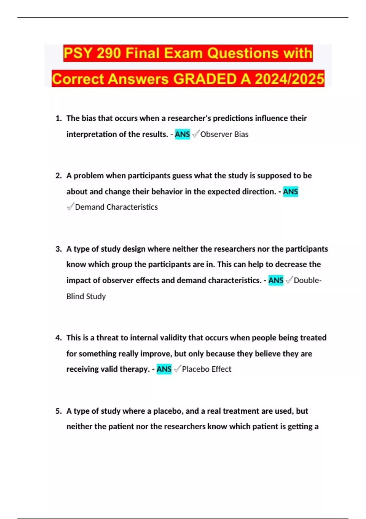 PSY 290 Final Exam Questions with Correct Answers GRADED A 2024/2025 - PSY 290 - Stuvia US