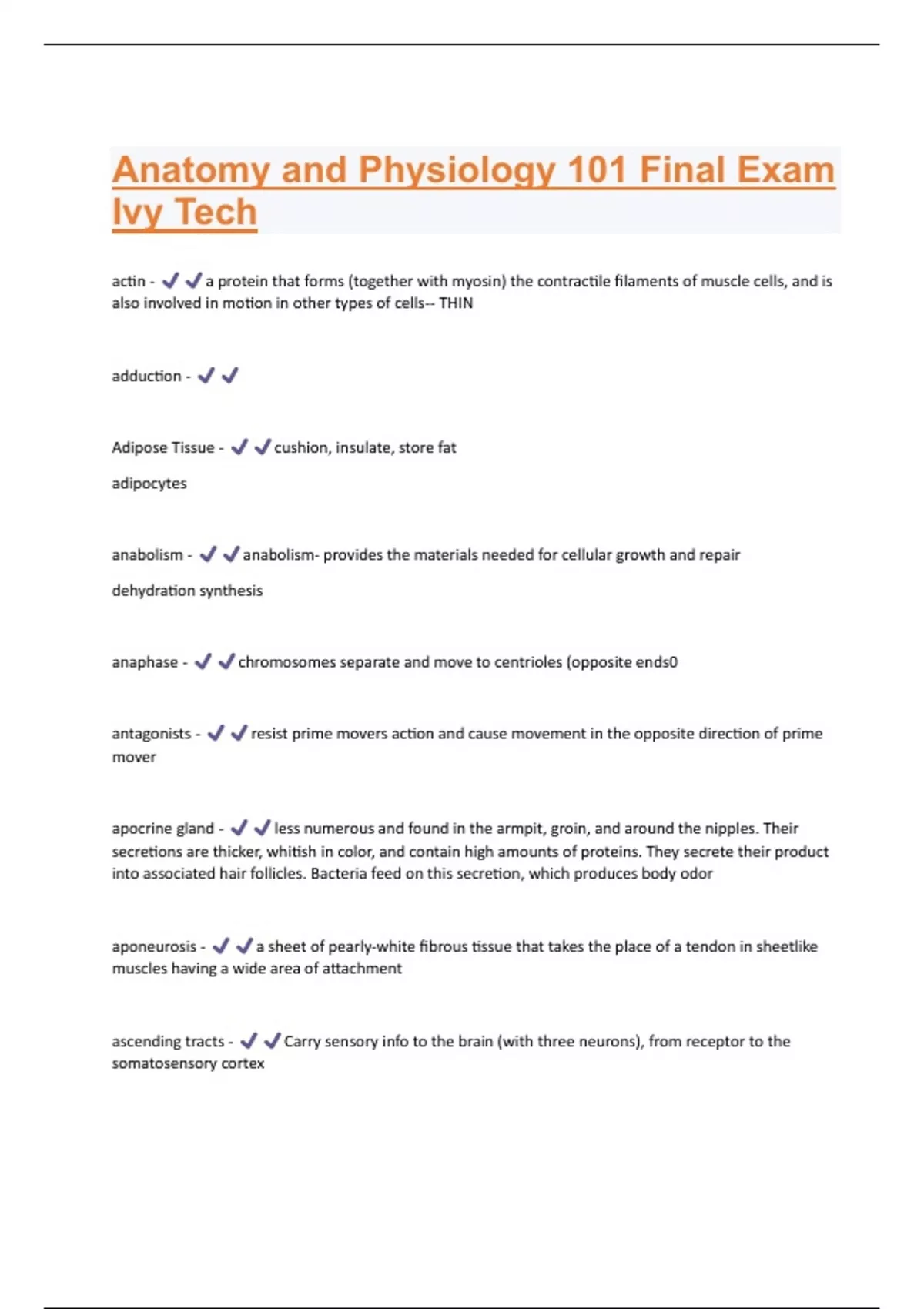 Anatomy And Physiology 101 Final Exam Ivy Tech Questions With 100