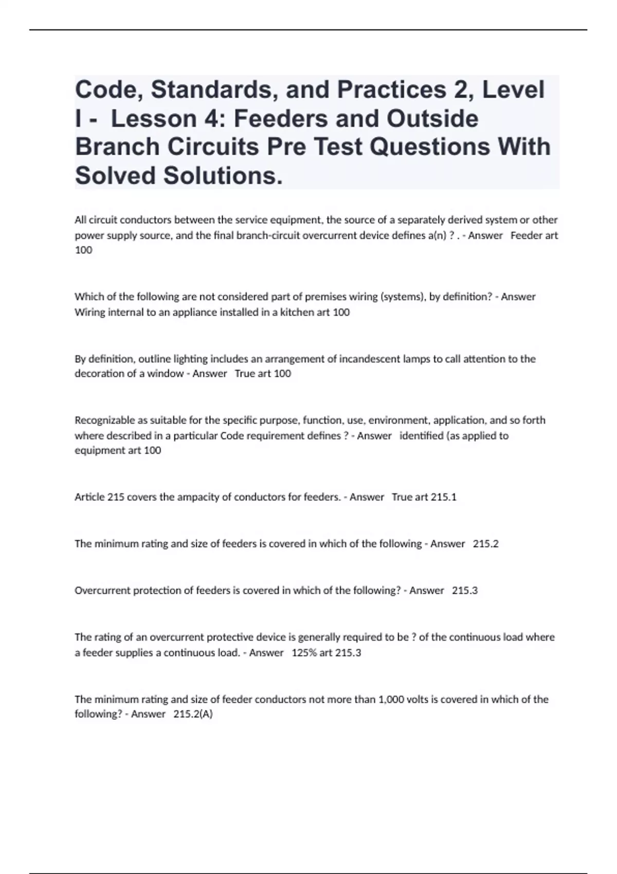 Code, Standards, and Practices 2, Level I - Lesson 4: Feeders and Outside Branch Circuits Pre ...