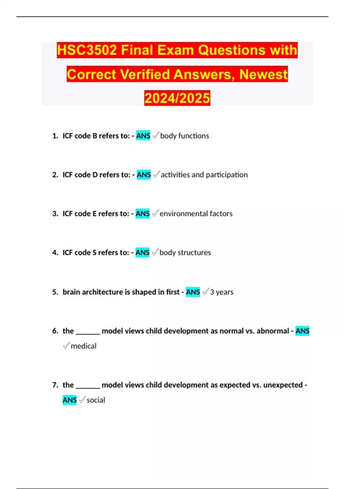 HSC 3502 – Final Exam Questions with Correct Verified Answers (Newest ...