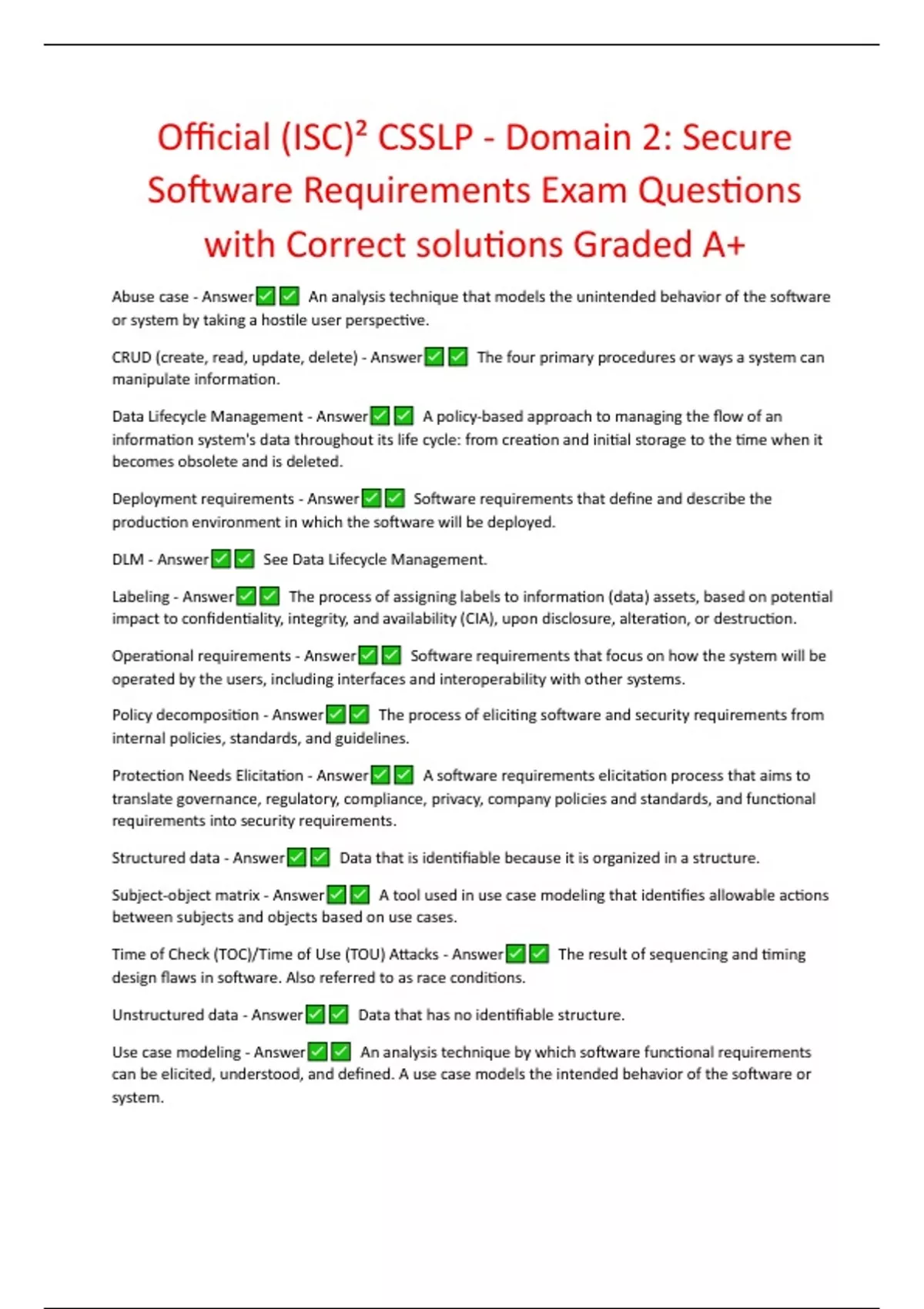 Official (ISC)² CSSLP - Domain 1: Secure Software Concepts Exam Questions with Correct Solutions ...