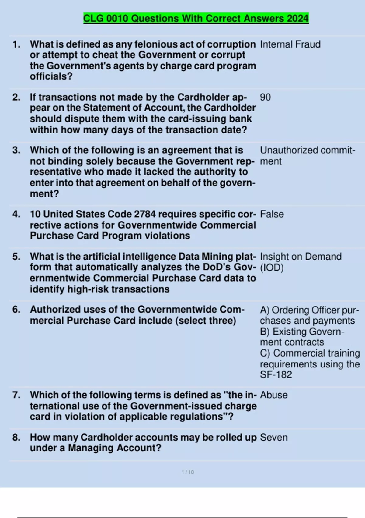 CLG 0010 Questions With Correct Answers 2024 - CLG 0010 - Stuvia US