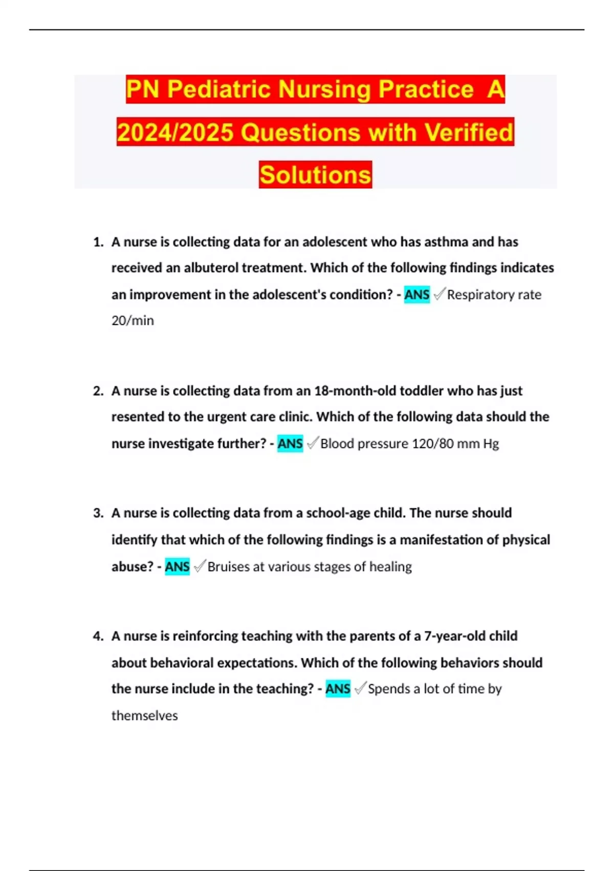 PN Pediatric Nursing Online Practice A 2024/2025 Questions with Correct ...