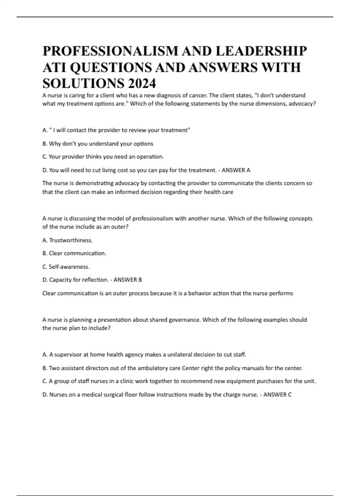 PROFESSIONALISM AND LEADERSHIP ATI QUESTIONS AND ANSWERS WITH SOLUTIONS ...