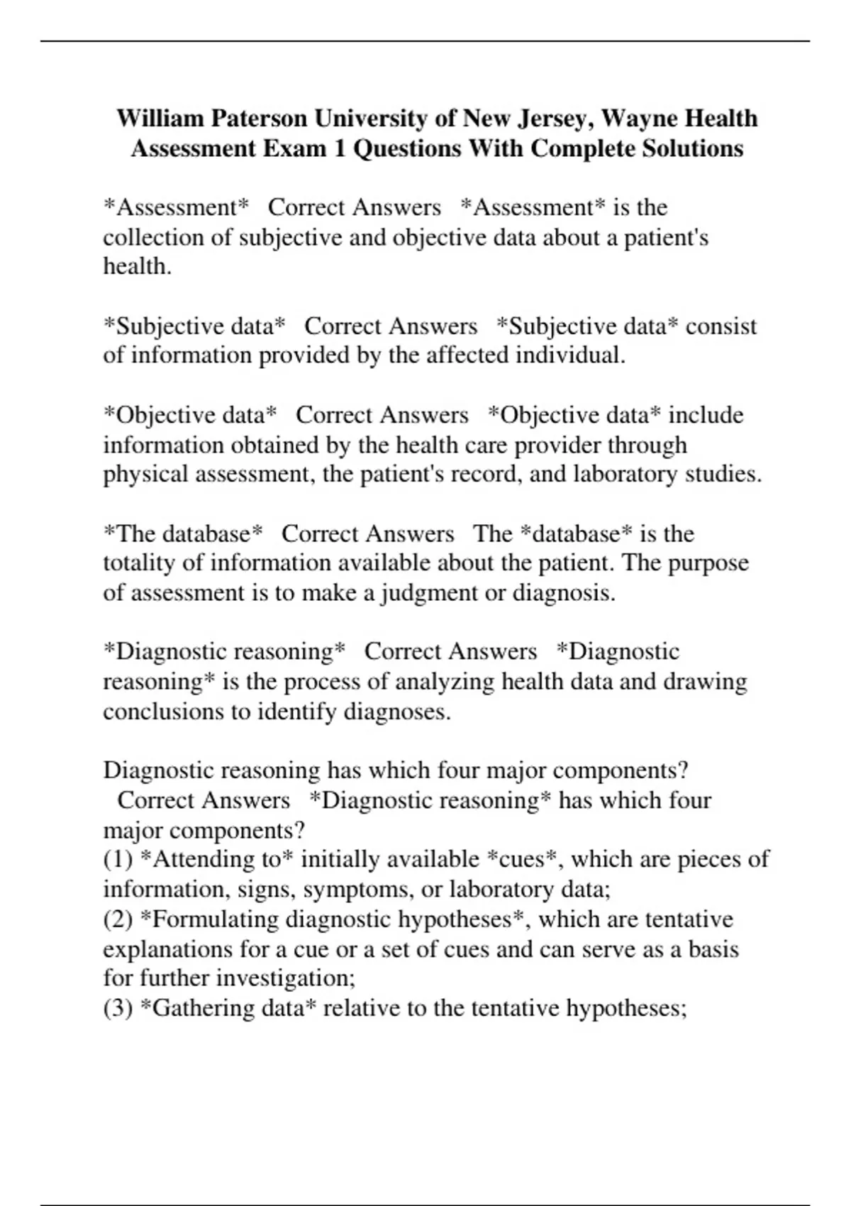 William Paterson University of New Jersey, Wayne Health Assessment Exam ...