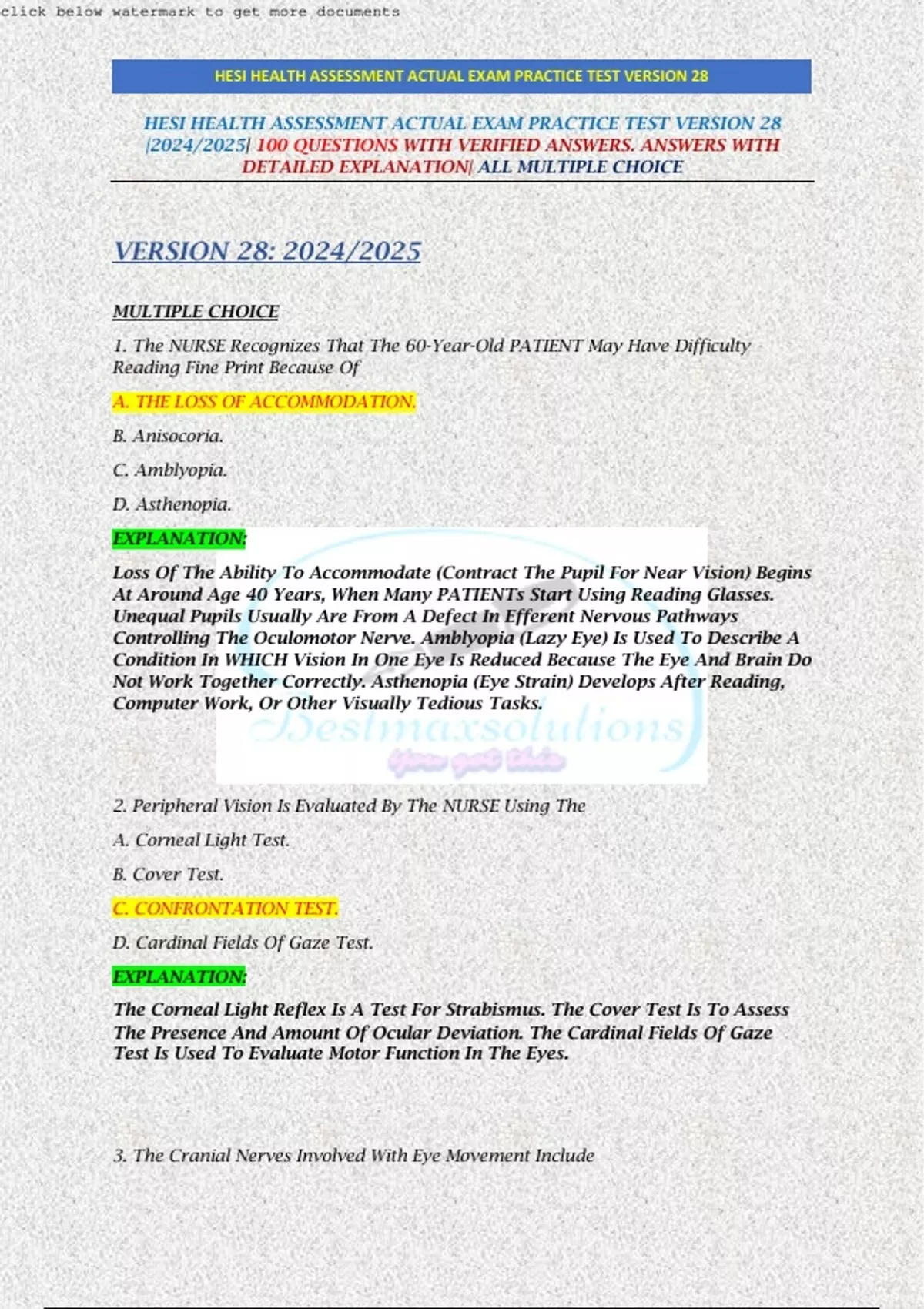 HESI HEALTH ASSESSMENT ACTUAL EXAM PRACTICE TEST VERSION 28 |2024/2025 ...