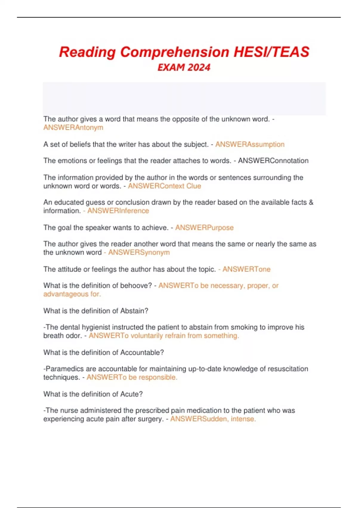 Reading Comprehension HESI/TEAS EXAM 2024 - Reading Comprehension HESI/TEAS - Stuvia US