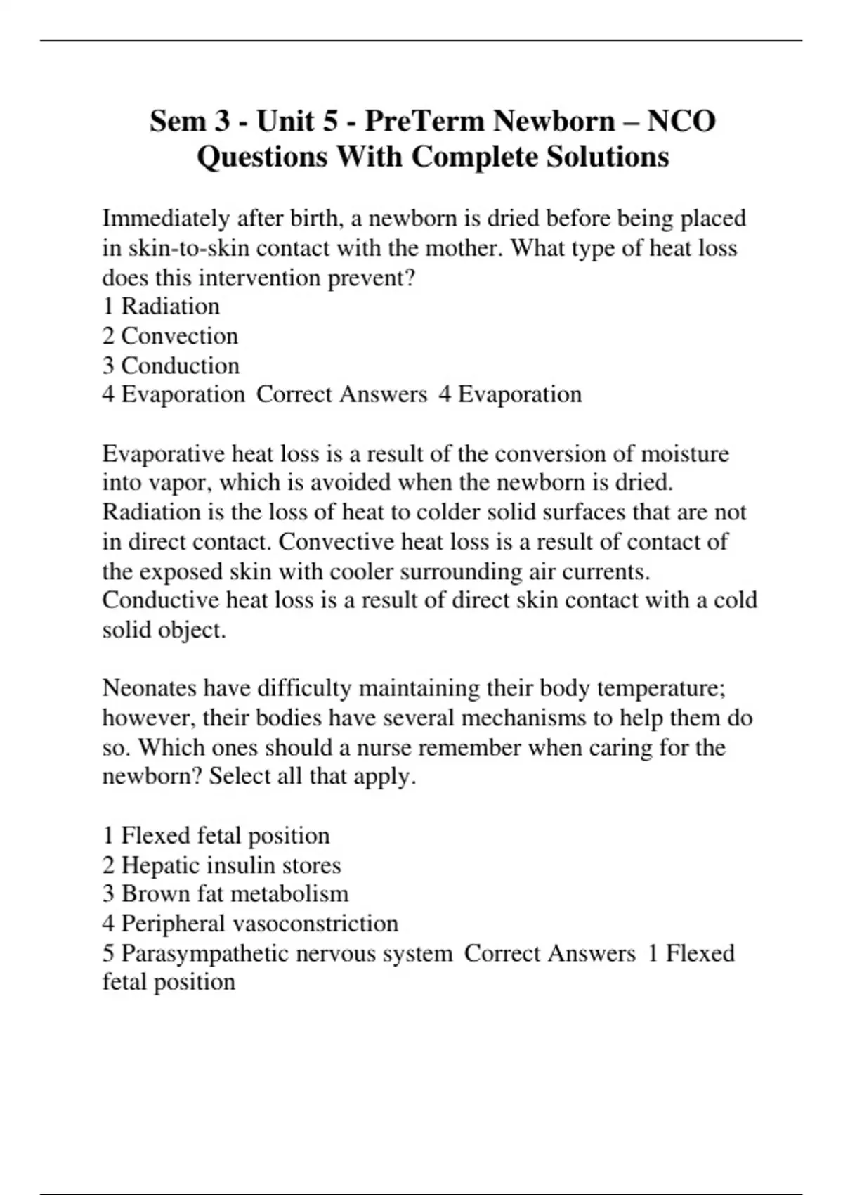 Sem 3 - Unit 5 - PreTerm Newborn – NCO Questions With Complete ...