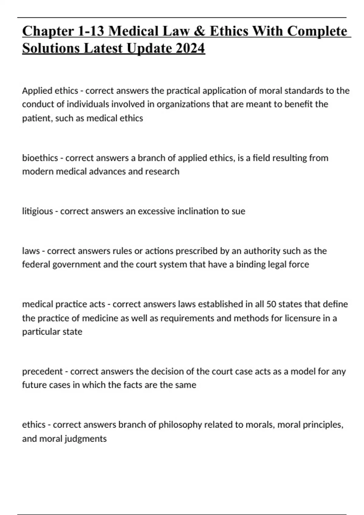 Chapter 1-13 Medical Law & Ethics With Complete Solutions Latest Update ...