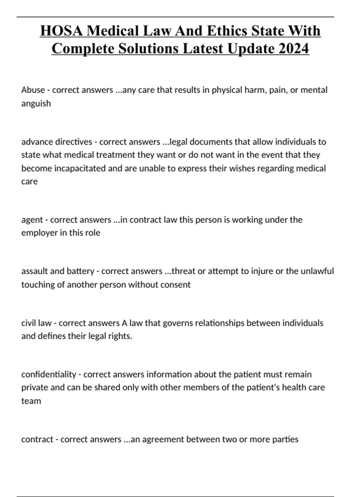 HOSA Medical Law And Ethics State With Complete Solutions Latest Update ...