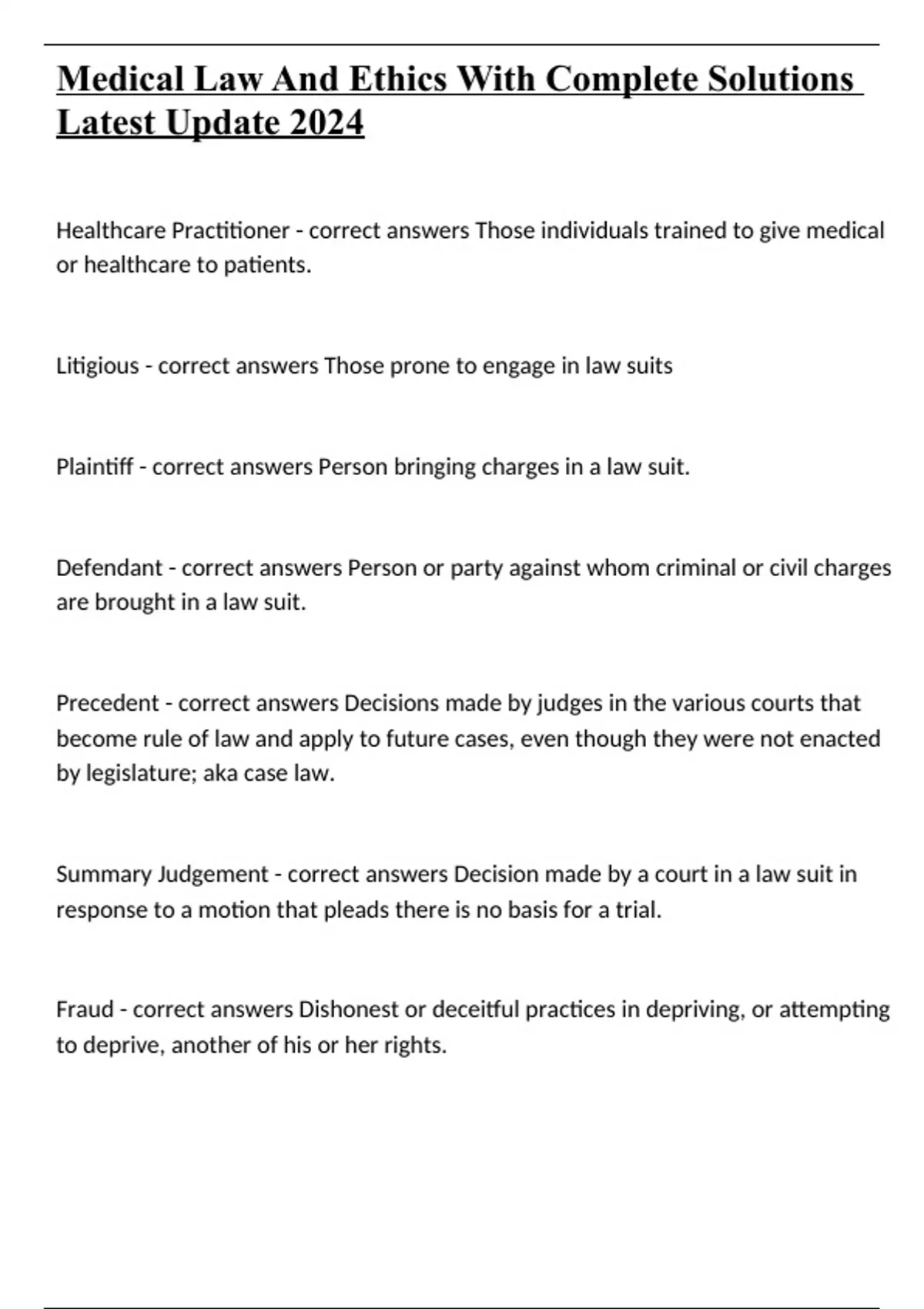 Medical Law And Ethics With Complete Solutions Latest Update 2024 ...