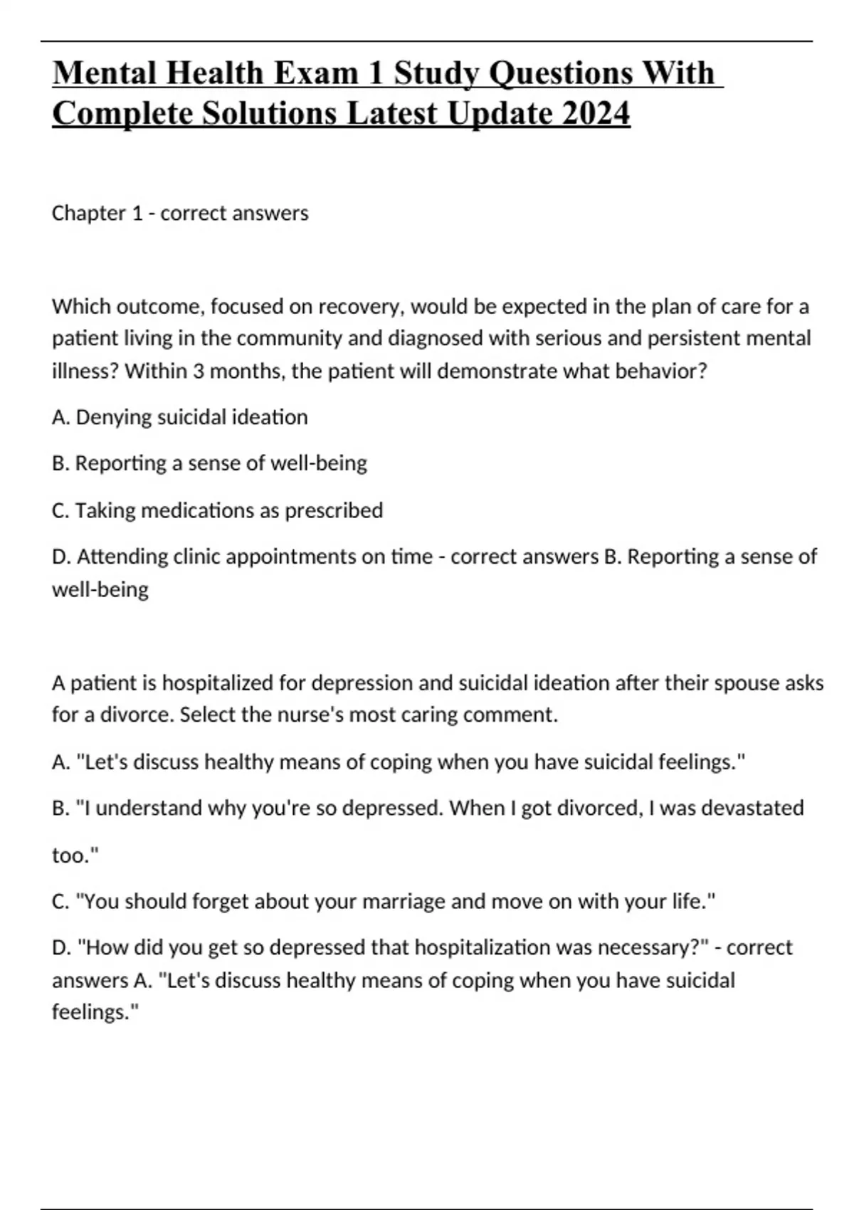 Mental Health Exam 1 Study Questions With Complete Solutions Latest ...
